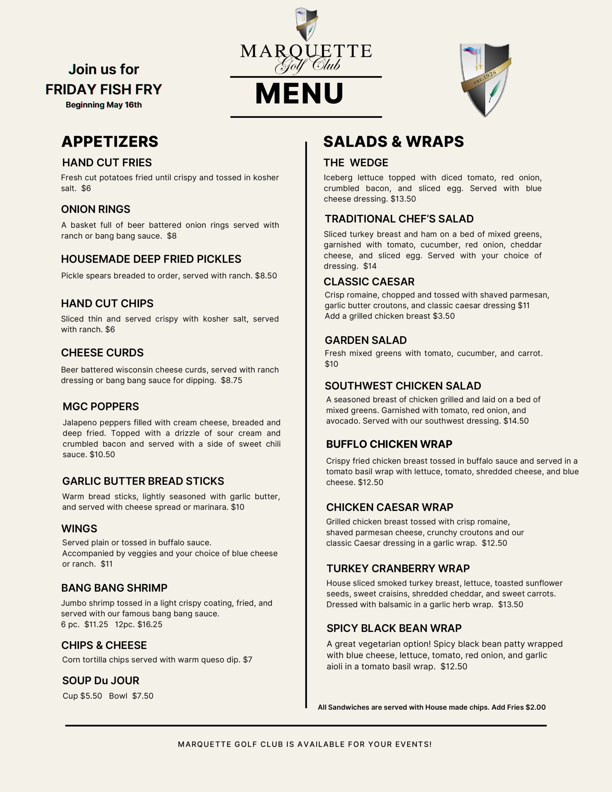 Clubhouse Menu – Marquette Golf Club – Marquette, MI