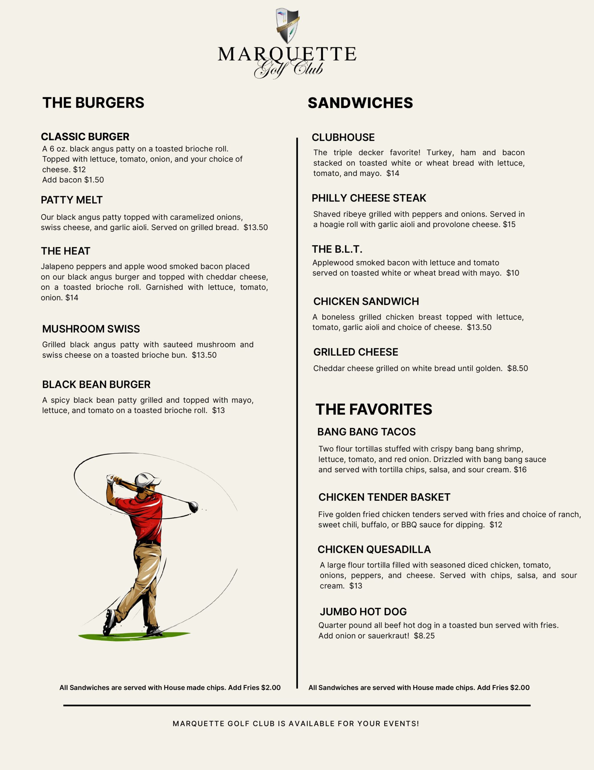 Clubhouse Menu – Marquette Golf Club – Marquette, MI